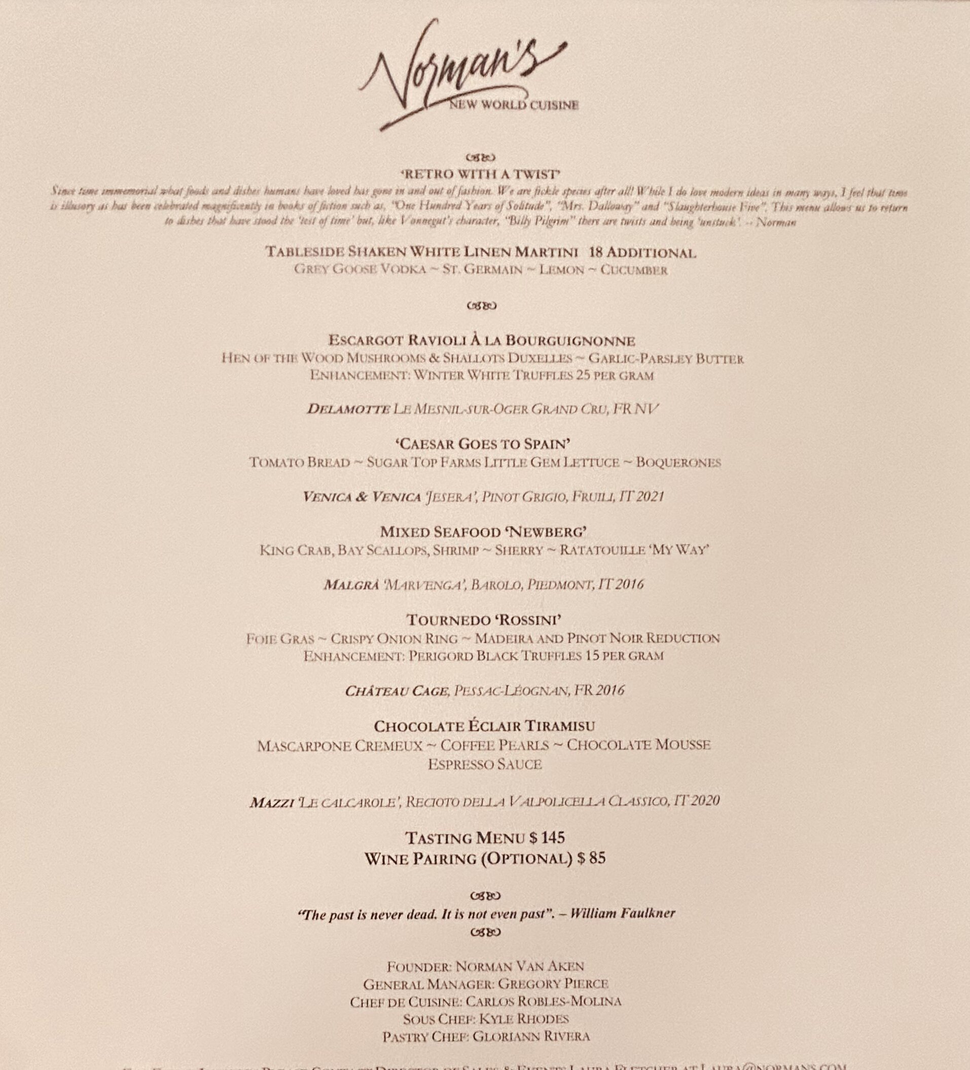 OUR NEW TASTING MENU, "RETRO ... WITH A TWIST" - Norman Van Aken